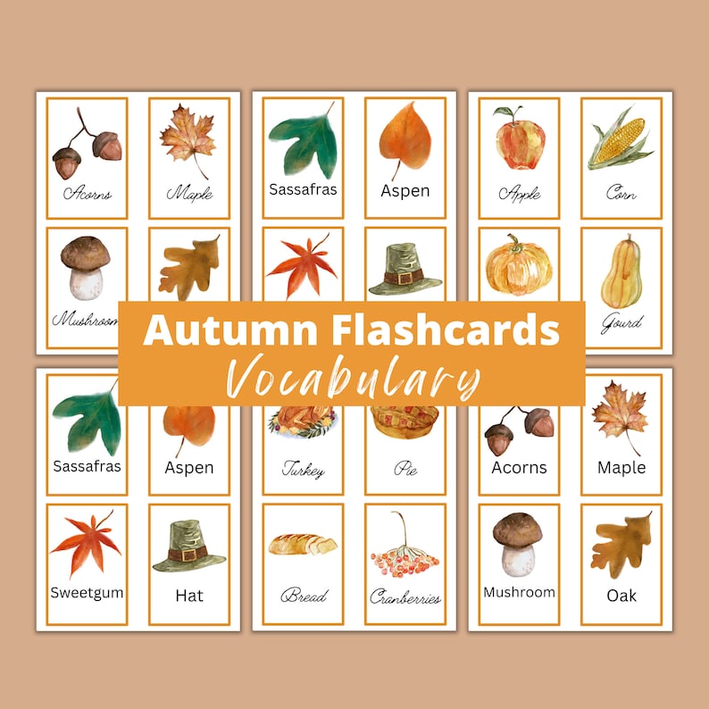 Autumn Vocabulary Flashcards, Cursive and Print, Homeschool, Preschool ...