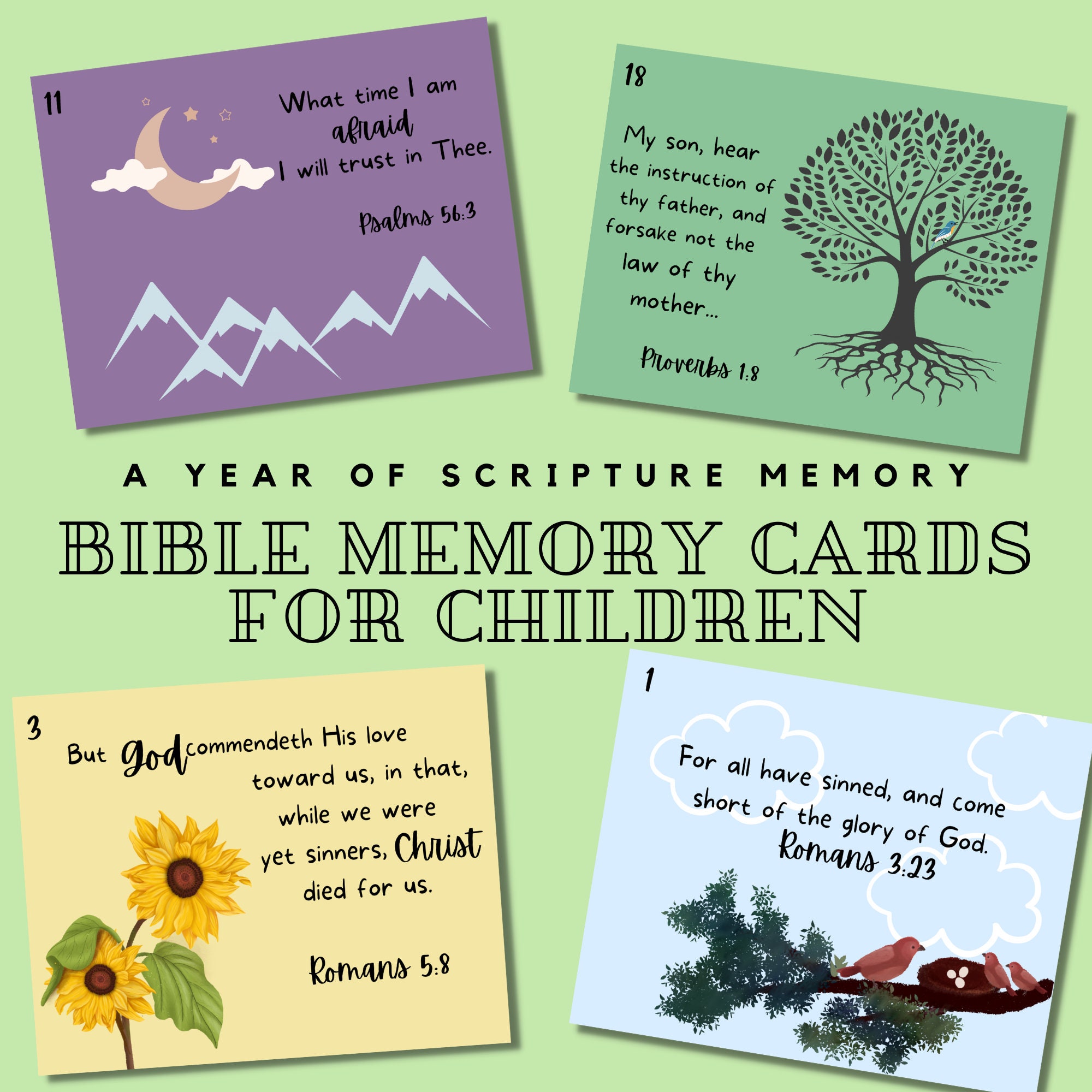 Bible Memory Verse Cards for Children, 52 Weekly Verses, KJV, Digital ...