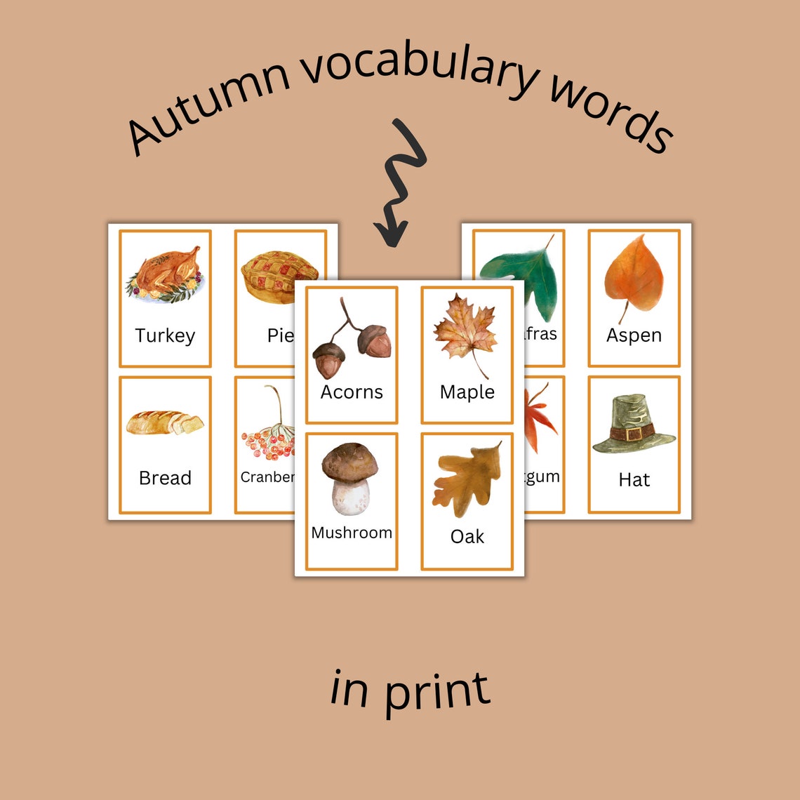 Autumn Vocabulary Flashcards, Cursive and Print, Homeschool, Preschool ...