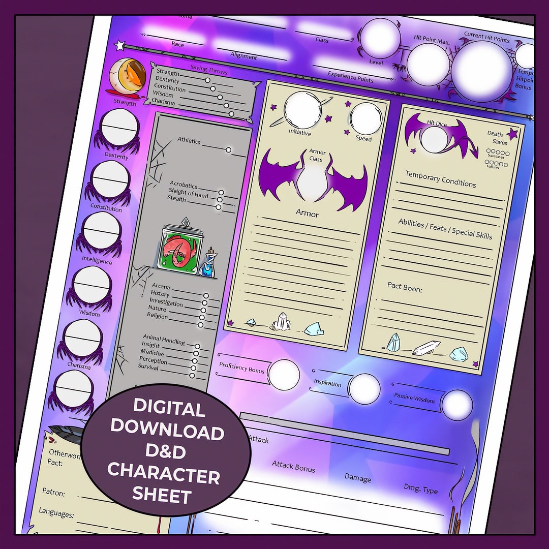 Otherworldly Warlock Dnd 5e Character Sheet Form Fillable Etsy Uk ...