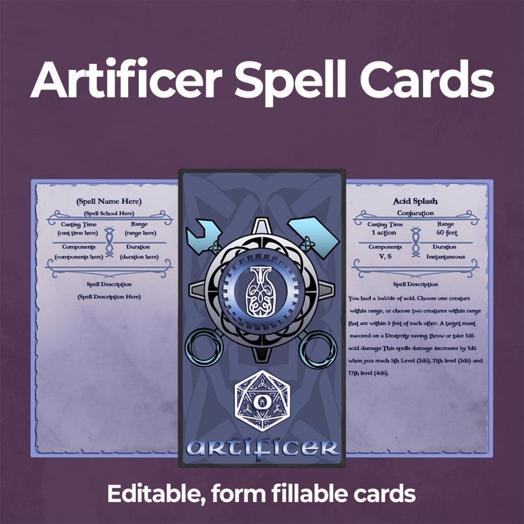 Artificer Spell Cards Blank, Form Fillable PDF, Printable Accessory ...