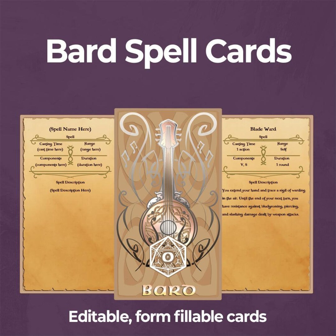 Bard Spell Cards Blank, Form Fillable PDF, Printable Accessory Dungeon ...