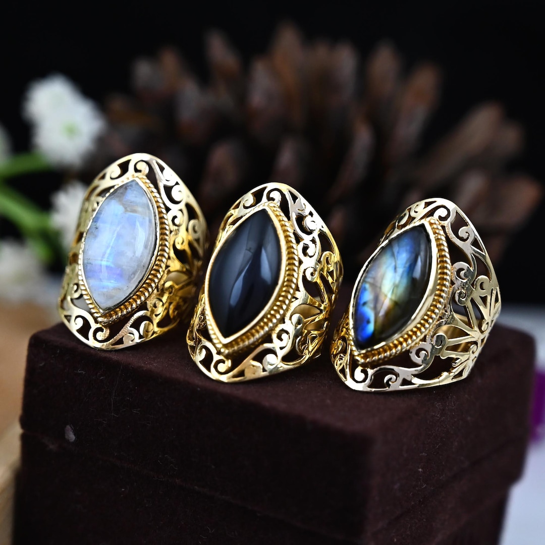 Gold Filigree Ring: Brass Statement Ring With Moonstone, Obsidian, and ...