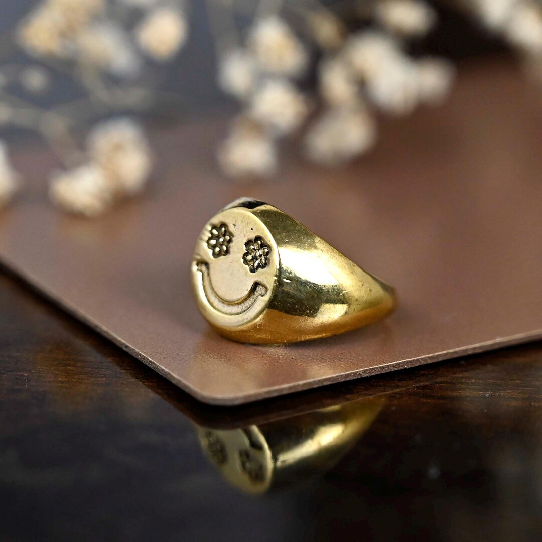 Silver Smiley Face Ring, Stackable Smiley Face Ring, Gold Smile Emoji ...