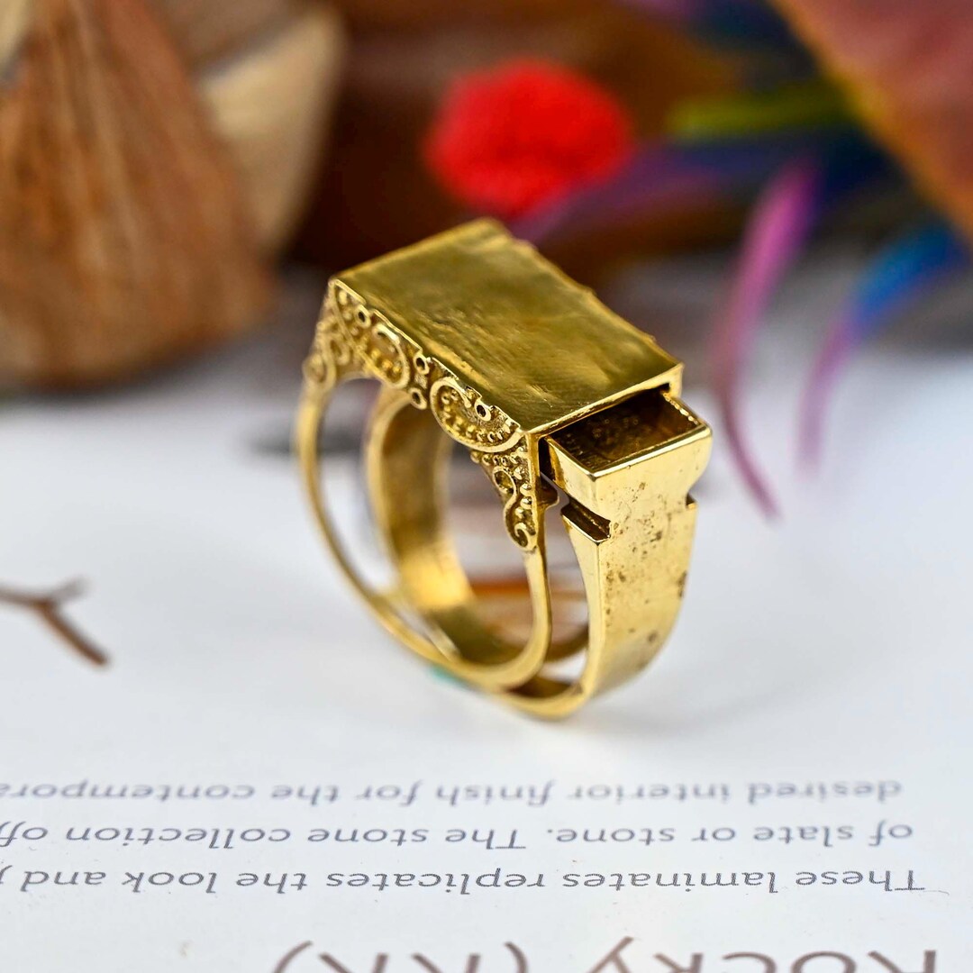 Secret Compartment Ring: Brass Pill Box, Handmade Message Ring Signet ...