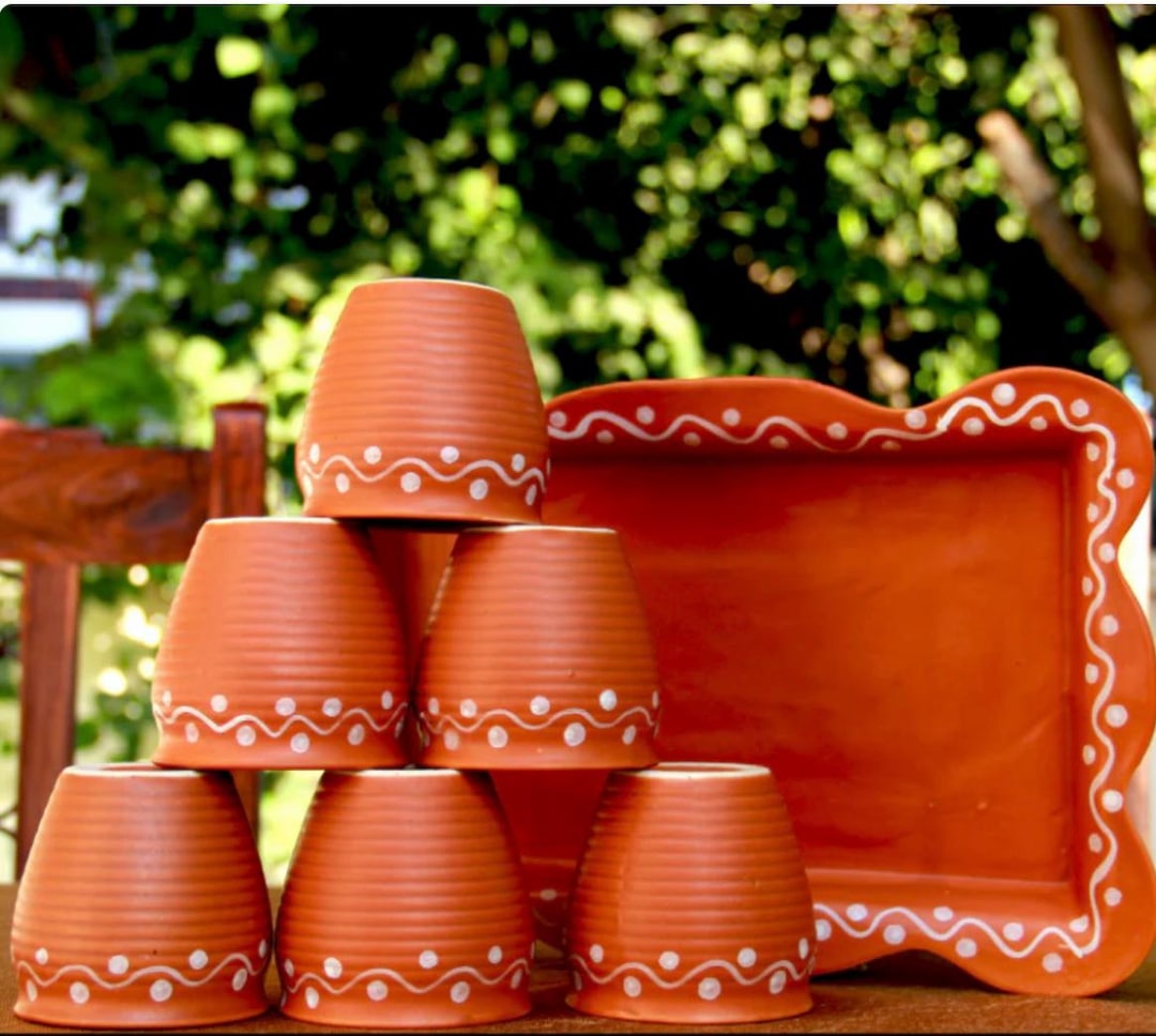 Handmade Indian Kulhad Tea Set With Tray | Rustic Ceramic Chai Cups - Etsy