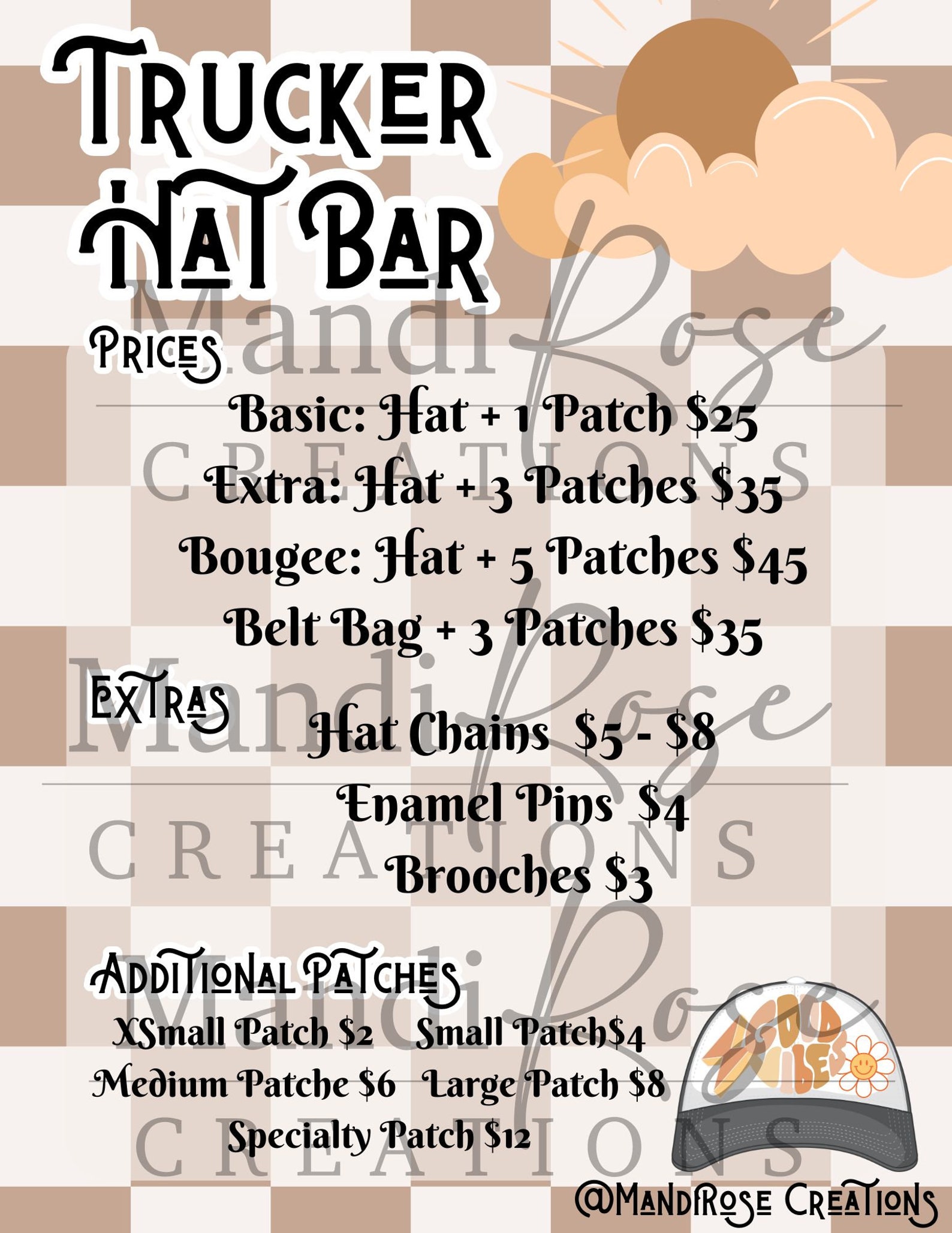 Tan Checkered Theme Trucker Hat Bar Editable Price List - Etsy