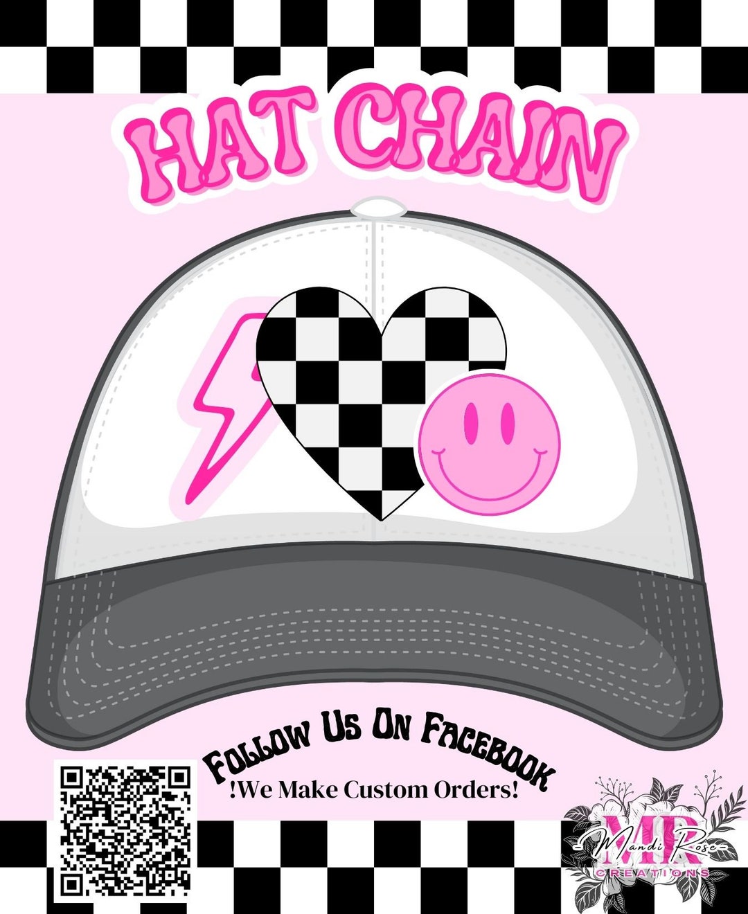 Pink Checkered Theme Trucker Hat Bar - Editable Hat Charm - Etsy