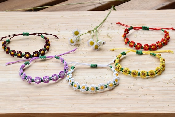 Macrame Flower Bracelet With Beads Daisy Bracelet Braided Sunflowers Bellis Berlin Etsy