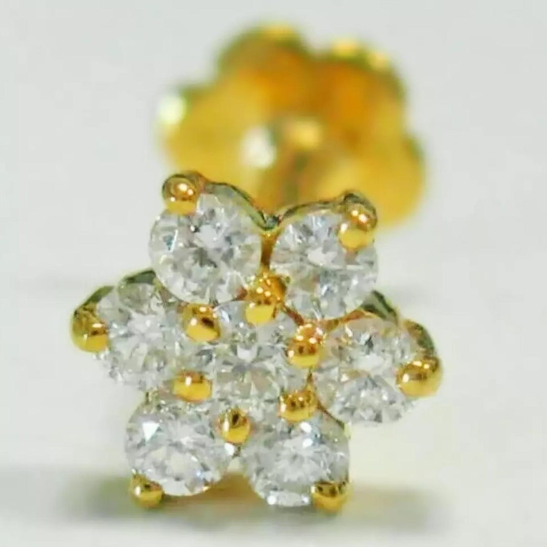 Moissanite Halo Nose Pin: 18K Yellow Gold Screw Back Stud - Etsy