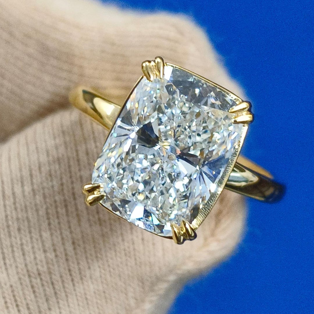 4ct Elongated Cushion Lab Grown Diamond Ring Double Claw Solitaire ...