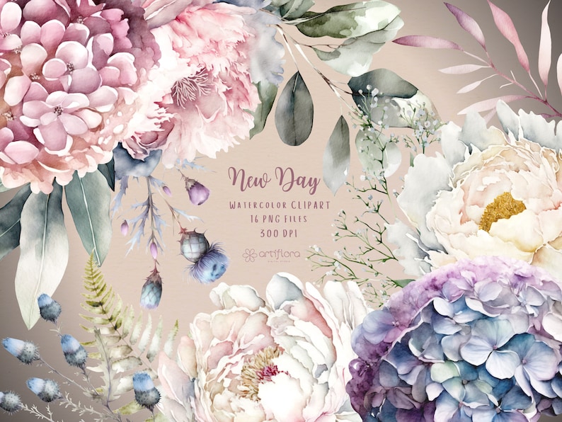 Watercolor Floral Clipart, Peonies Roses Hydrangea Clipart, Pink White ...