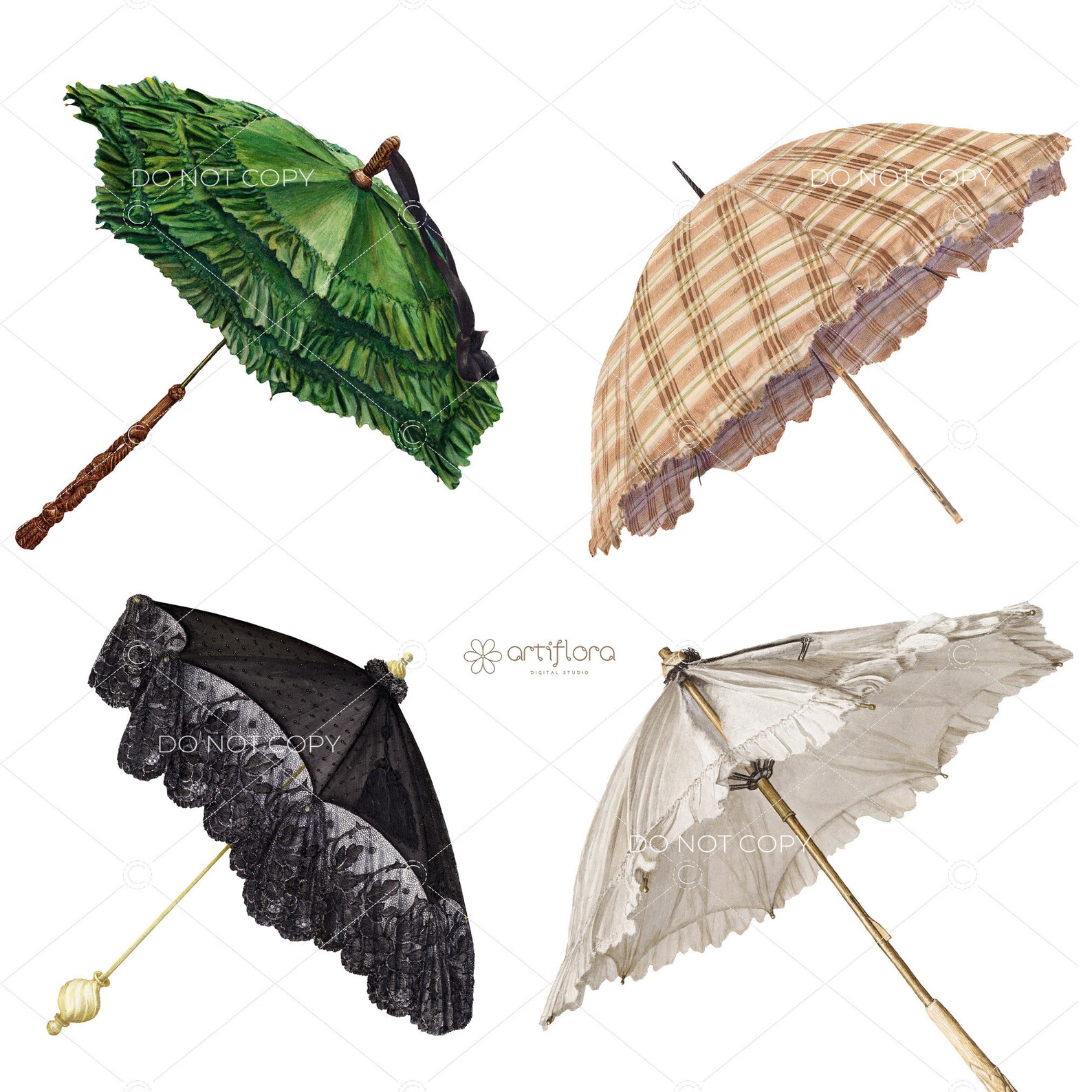 Watercolor Vintage Umbrellas Clipart, Vintage Parasols Clipart, Antique ...