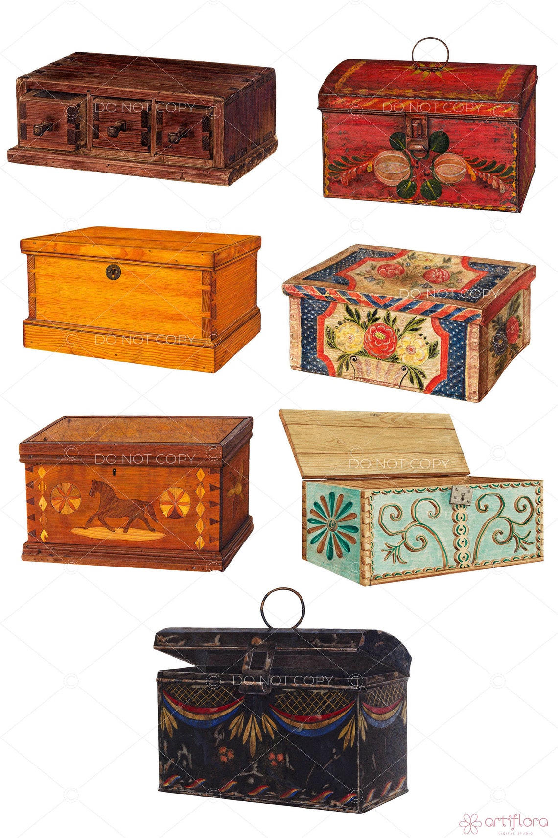 Vintage Boxes Clipart, Jewelry Box Clipart, Watercolor Vintage Boxes ...