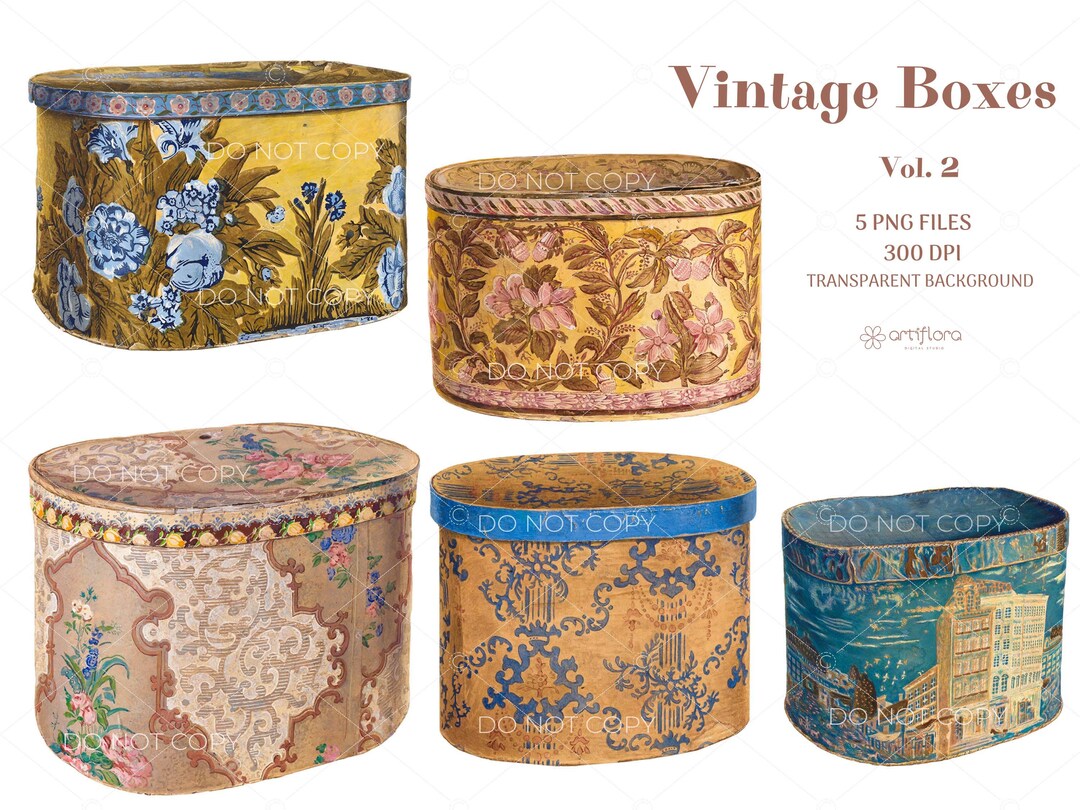 Vintage Hat Boxes Clipart, Antique Hat Boxes Clipart, Watercolor Vintage Boxes Clipart ...