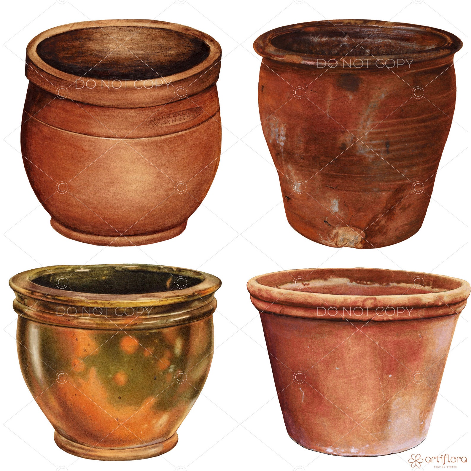 Watercolor Clay Pots Clipart, Pottery Clipart, Flower Pot Waterocolor ...