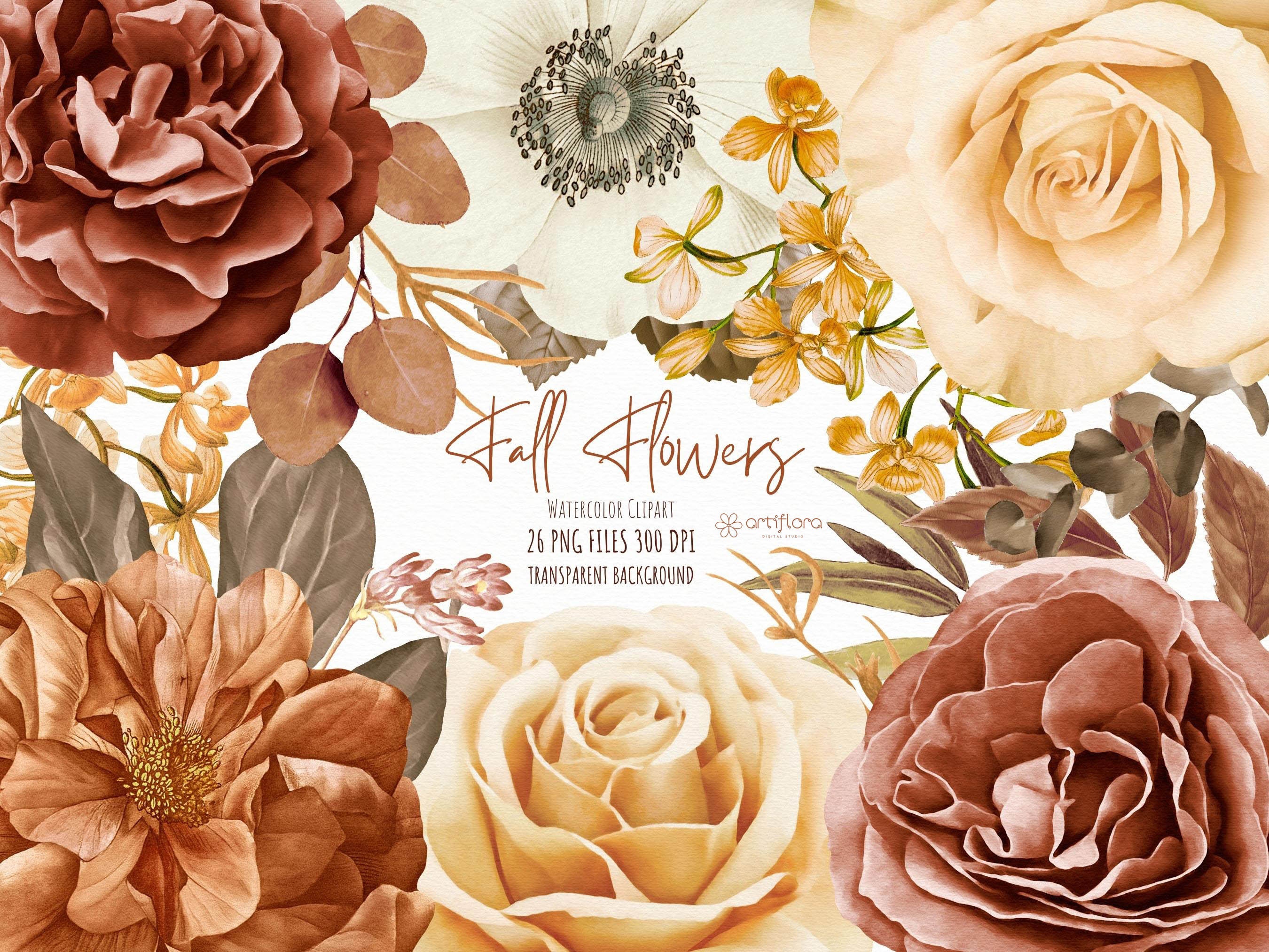 Watercolor Floral Clipart, Roses Clipart, Brown Flowers, Fall Flowers ...