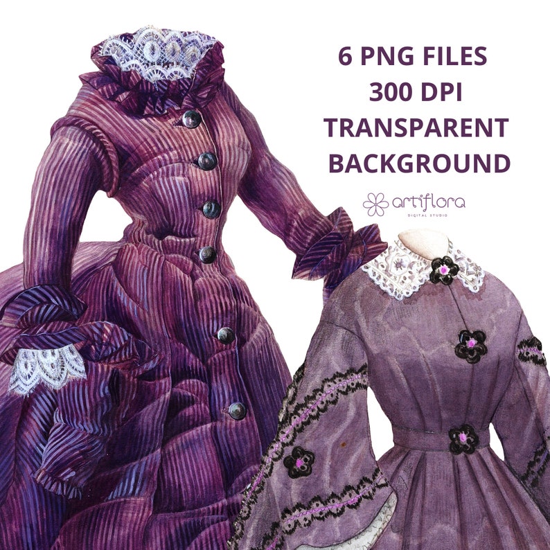 Watercolor Victorian Dresses Clipart Vintage Fashion Clipart Etsy