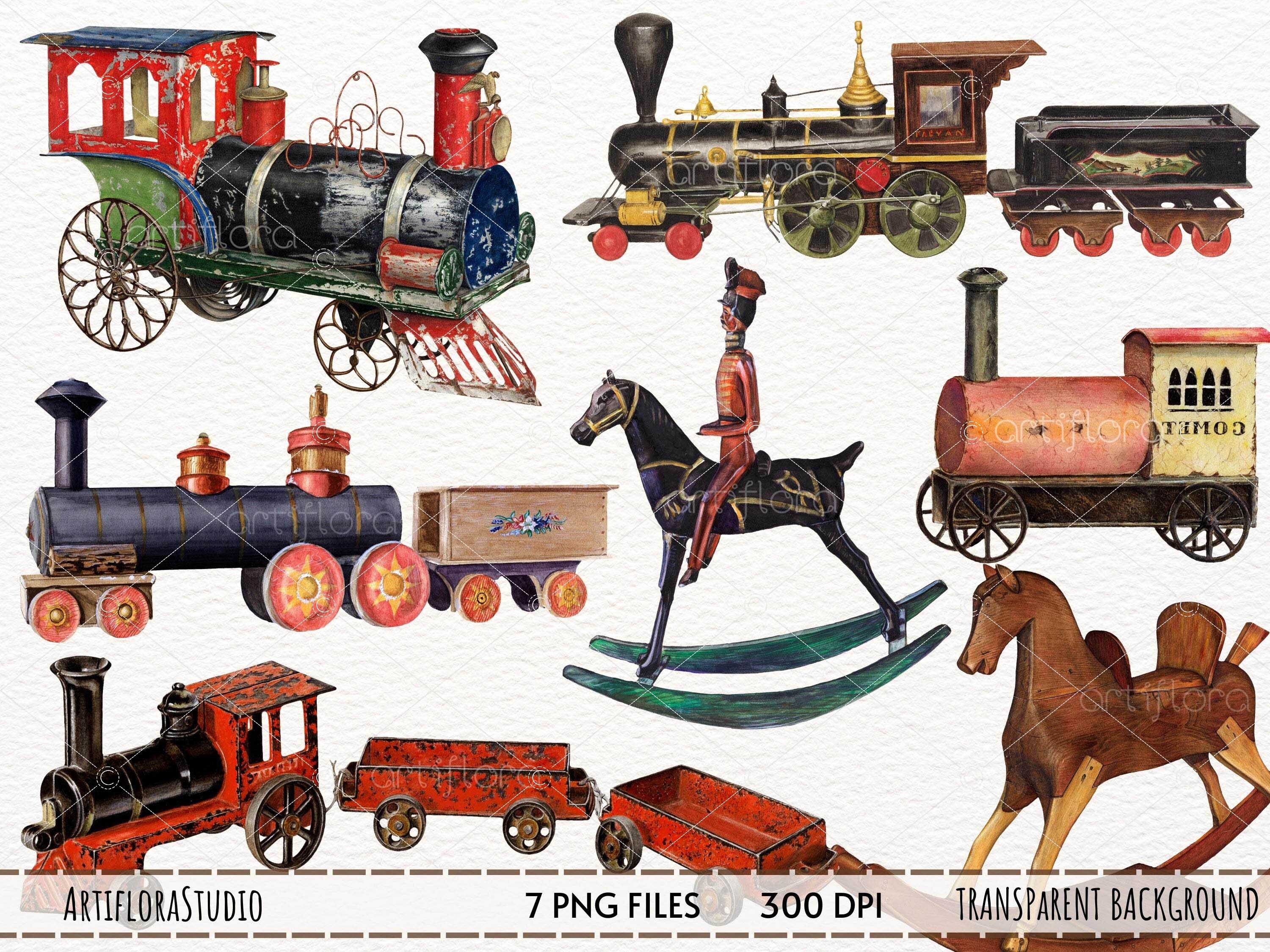 Vintage Toys Clipart, Watercolor Kids' Toys, Toy Train Watercolor, Toy ...