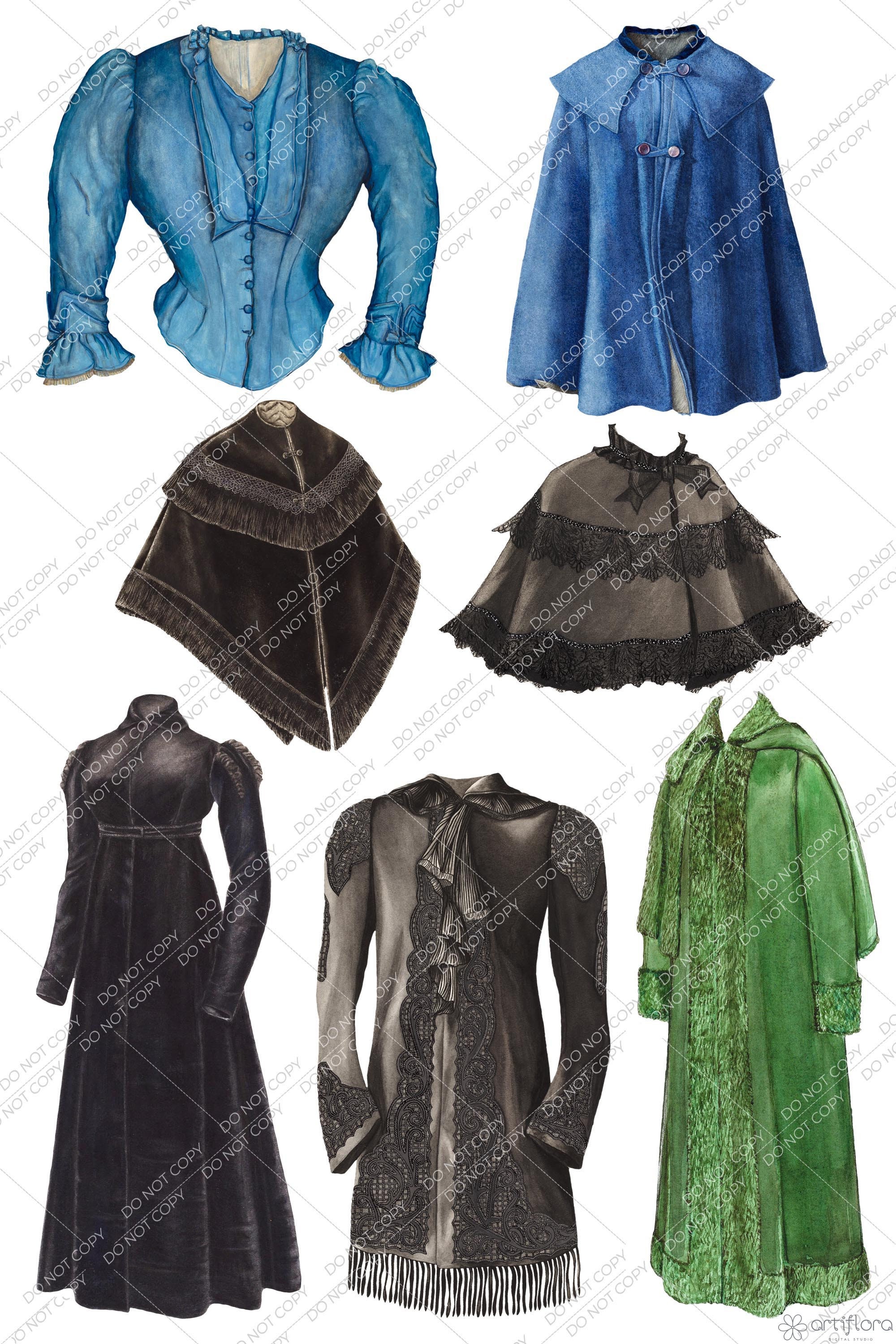 Watercolor Vintage Women's Clothing Clipart, Antique Coat Cape Png ...