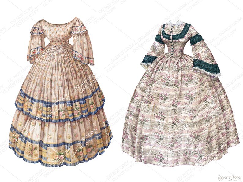 Watercolor Victorian Dresses Clipart Vintage Fashion Clipart Etsy