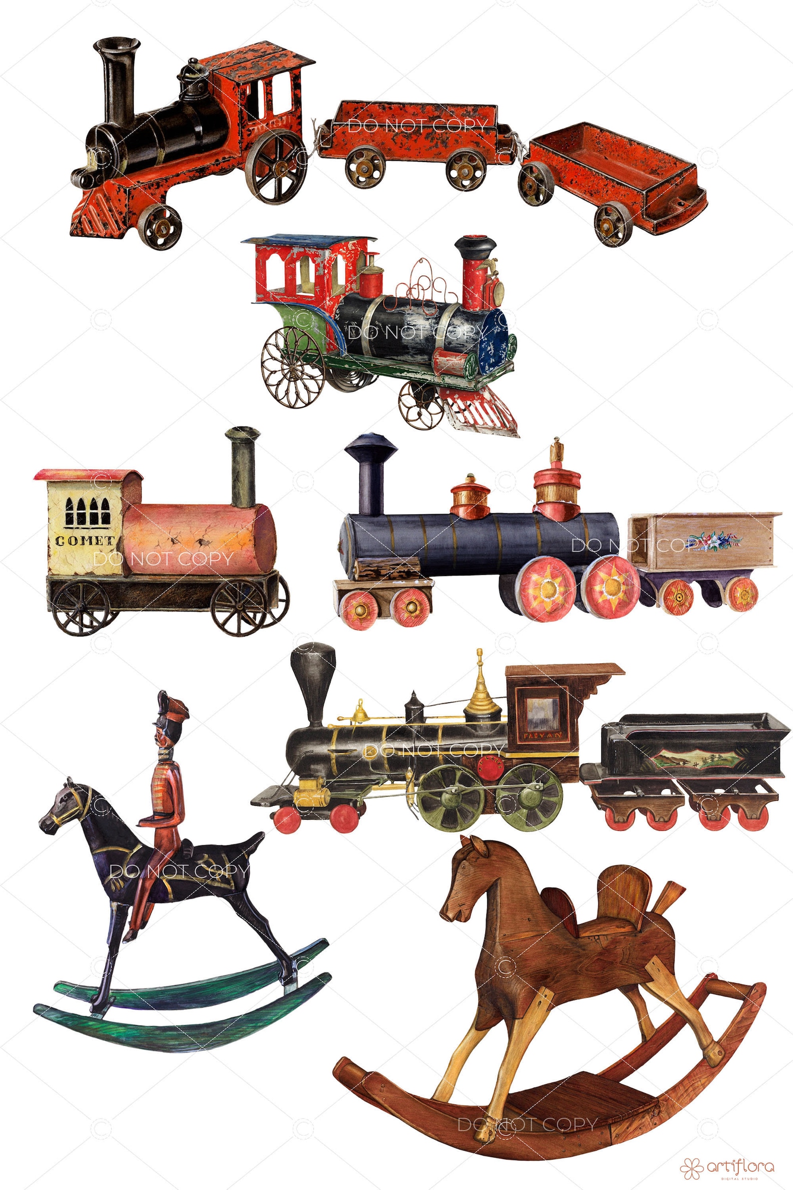 Vintage Toys Clipart, Watercolor Kids' Toys, Toy Train Watercolor, Toy ...