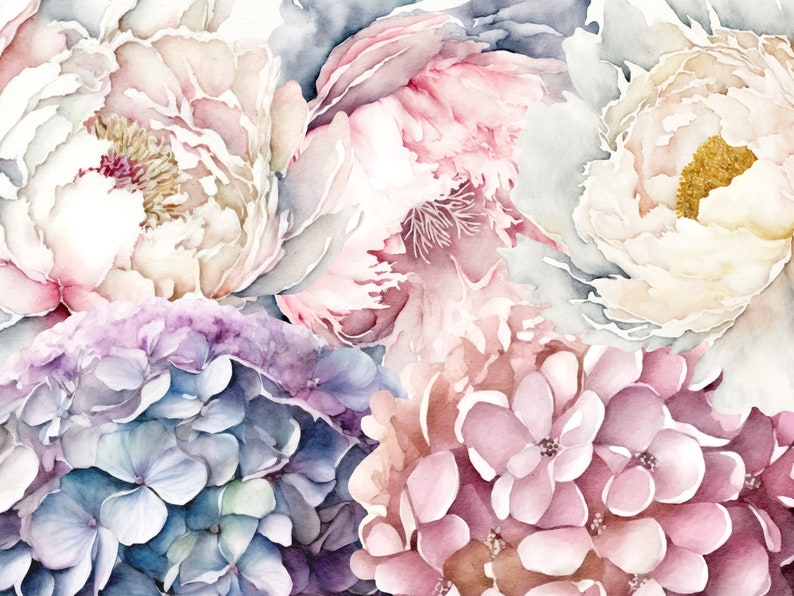 Watercolor Floral Clipart, Peonies Roses Hydrangea Clipart, Pink White ...