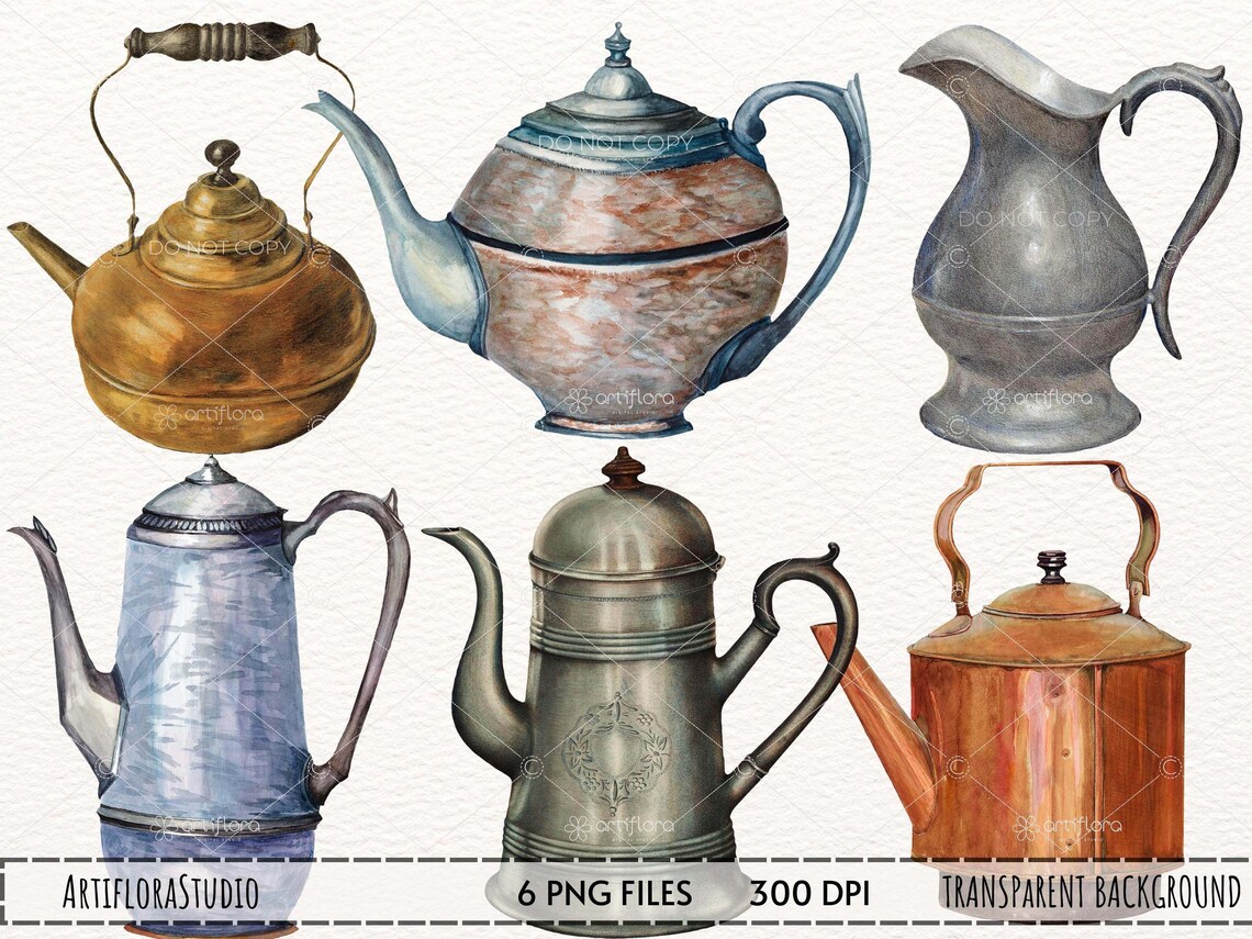 Watercolor Teapot Clipart, Vintage Teapot Clipart, Tea Kettle ...