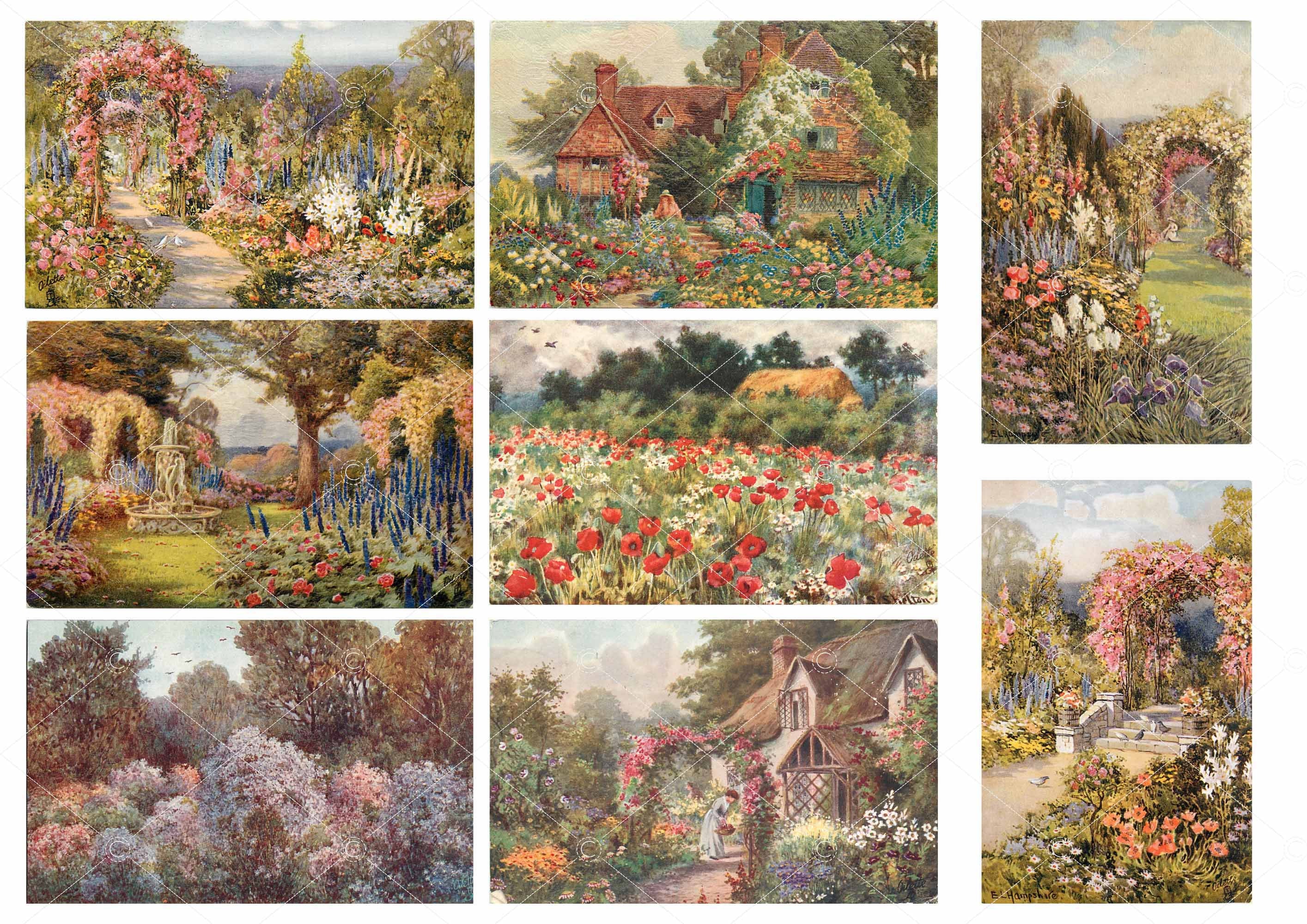 Vintage English Cottage Gardens 50 Illustrations, 7 Printable Collage ...