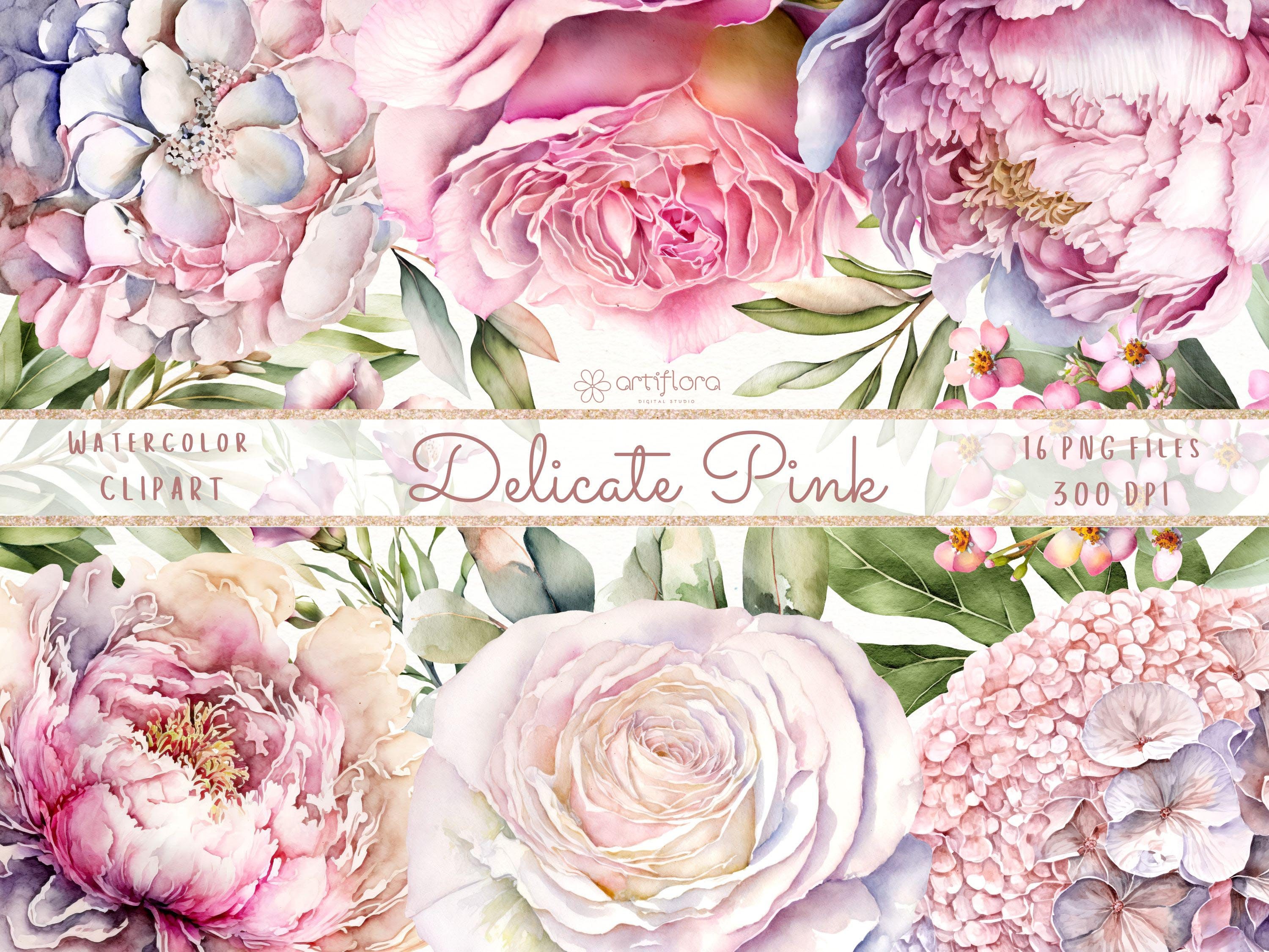 Watercolor Floral Clipart, Peonies Roses Hydrangea Clipart, Pink White ...