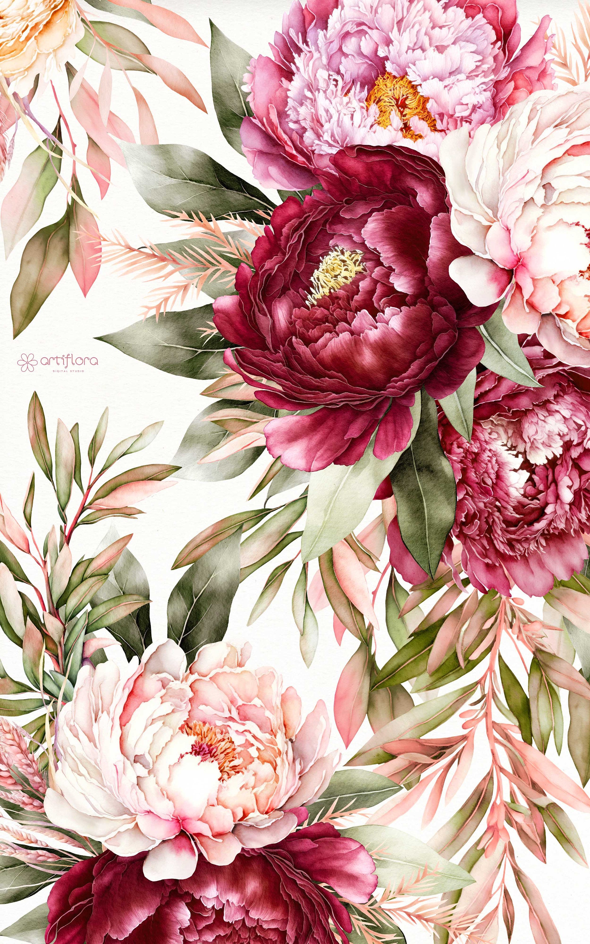 Watercolor Floral Clipart, Peonies Roses Clipart, Pink Beige Flowers ...