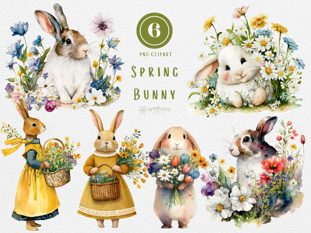 Watercolor Spring Easter Cute Bunny Rabbit Flowers Clipart, Spring ...
