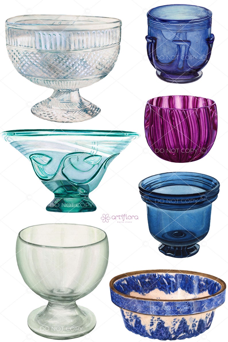 Watercolor Bowl Clipart, Vintage Tableware Clipart, Dinnerware Clipart ...