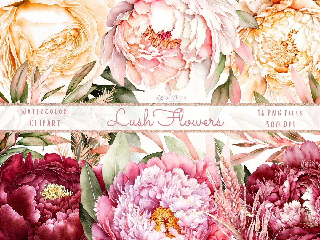 Watercolor Floral Clipart, Peonies Roses Clipart, Pink Beige Flowers ...
