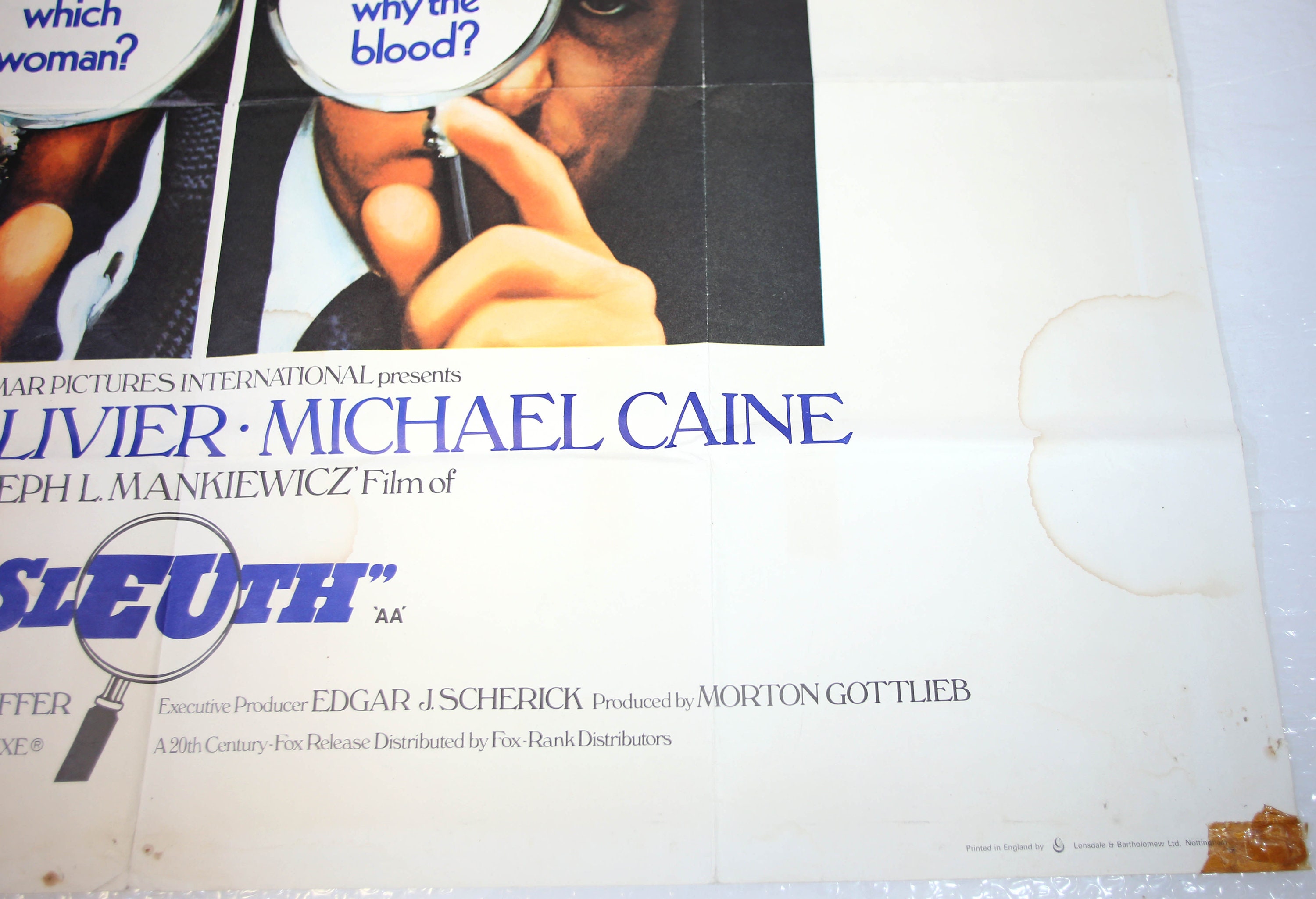 Movie Poster 'sleuth' Original 1972 Release With Michael Caine and Sir ...