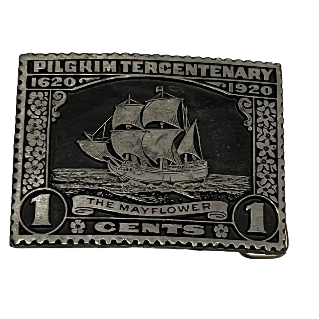 PILGRIM Teracentenary Vintage Belt Buckle MAYFLOWER Voyage 1cents Stamp ...