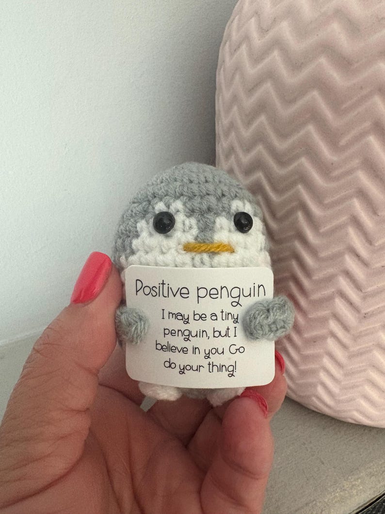 Handmade Cute Crochet Grey Positive Penguin Emotional Support Wellbeing ...