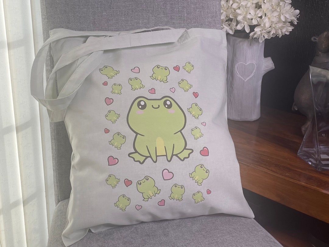 Handmade Cute Kawaii Frog Froggy Cotton Tote Bag Reusable Bag Pastel ...