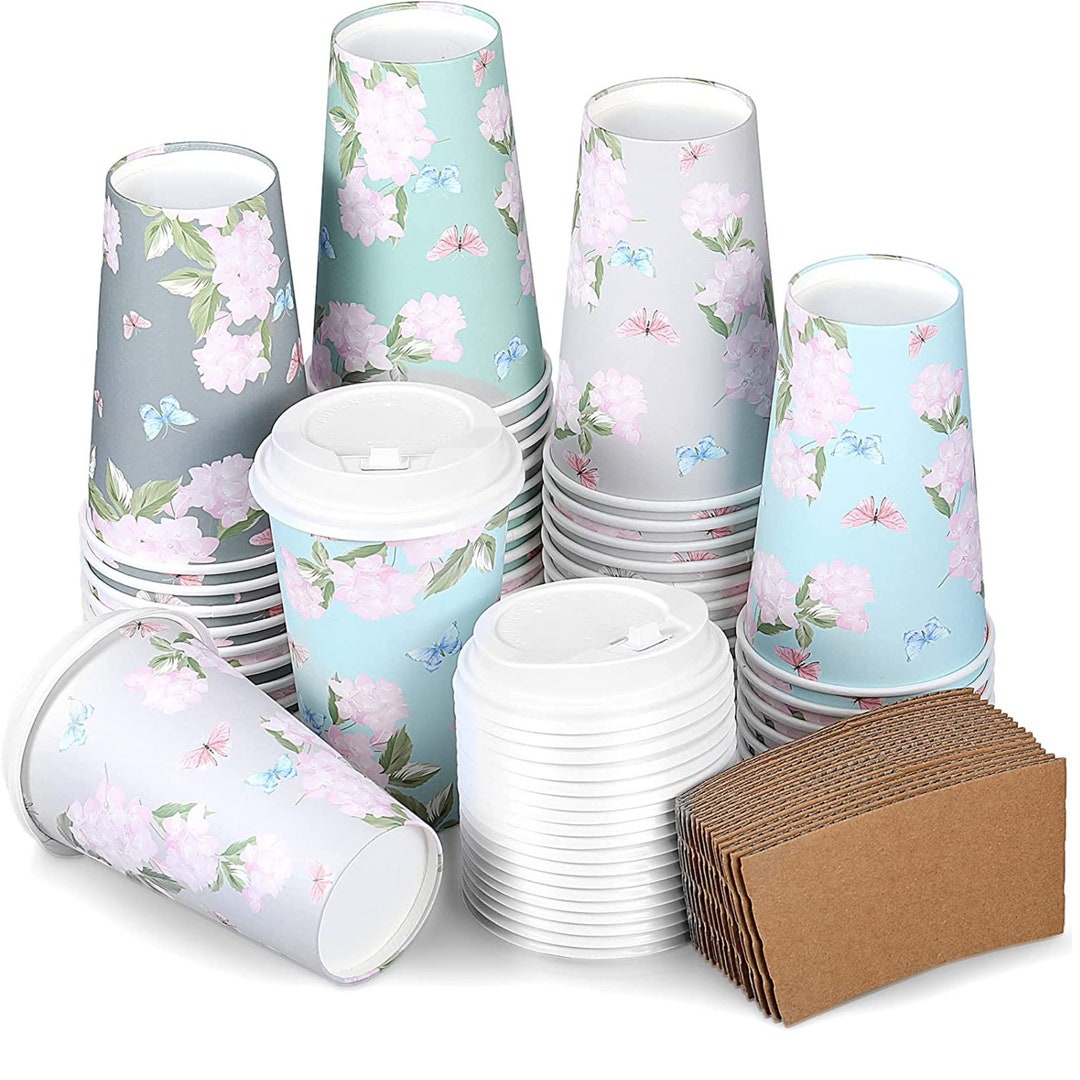 Floral Paper Insulated 16 Oz Disposable Coffee Cups W/lids and Sleeve ...