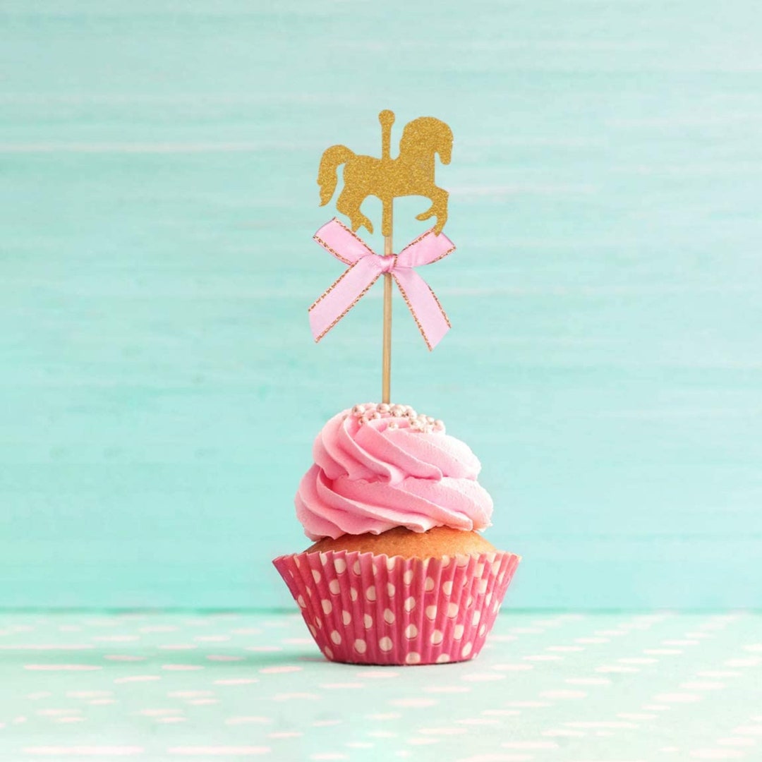 Carousel Horse Cupcake Toppers Pink Bow Girl Birthday Cake Topper Pink Dessert Topper Birthday ...