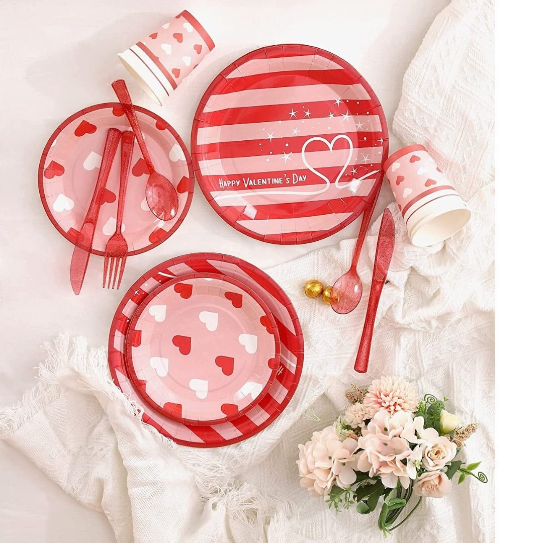 Valentine's Day Party Pack Paper Plate Cups Napkins Cutlery Set Red and ...