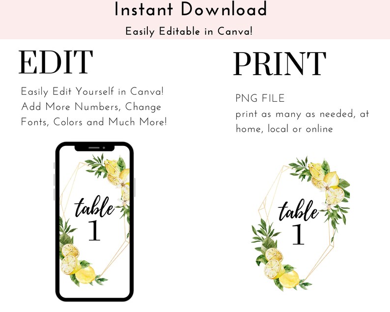 Lemon Table Number Template Italy Wedding Table Number Sign Printable ...