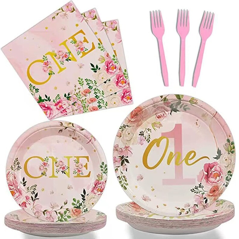 1st Birthday Paper Party Plates Napkins Forks Pink Gold - Etsy