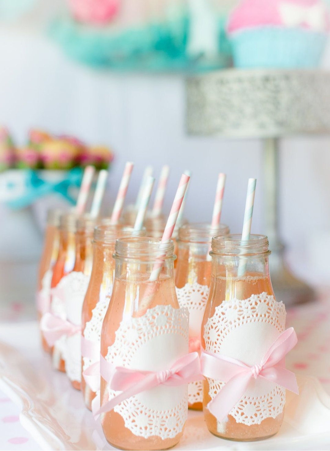 Set of 12 Vintage Glass Milk Bottle Kit Milk Glasses W/striped Paper ...