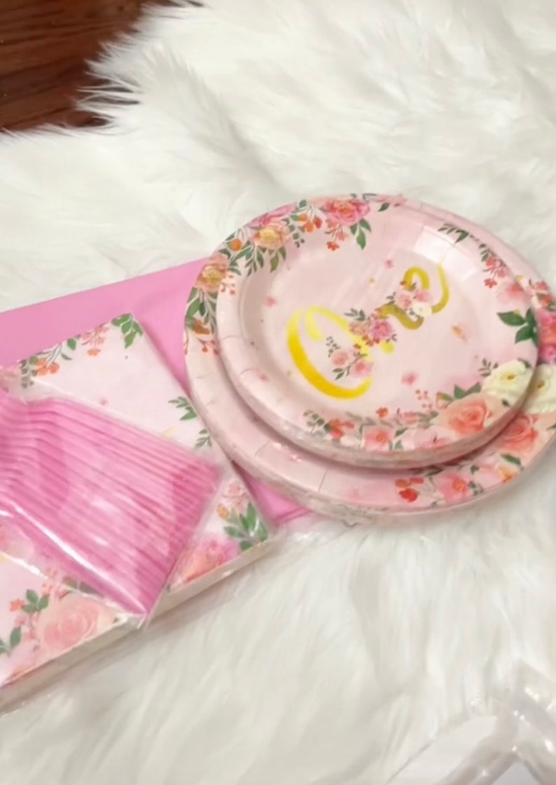 1st Birthday Paper Party Plates Napkins Forks Pink Gold - Etsy