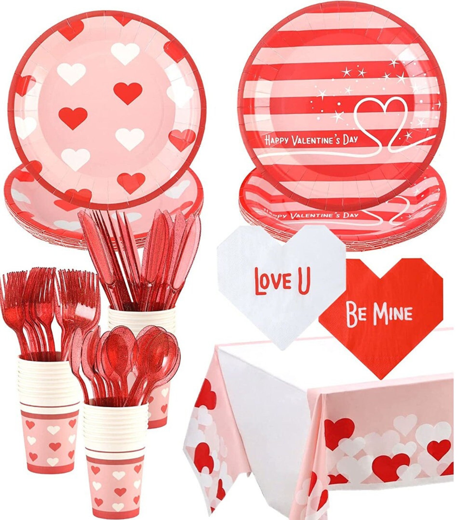 Valentine's Day Party Pack Paper Plate Cups Napkins Cutlery Set Red and ...