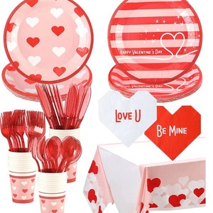 Valentine's Day Party Pack Paper Plate Cups Napkins Cutlery Set Red and ...