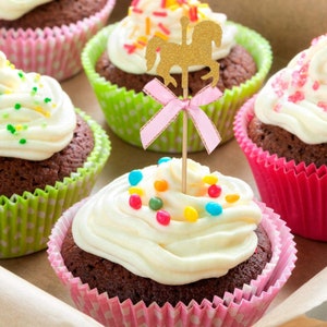 Carousel Horse Cupcake Toppers Pink Bow Girl Birthday Cake Topper Pink Dessert Topper Birthday ...