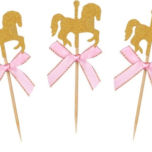 Carousel Horse Cupcake Toppers Pink Bow Girl Birthday Cake Topper Pink Dessert Topper Birthday ...