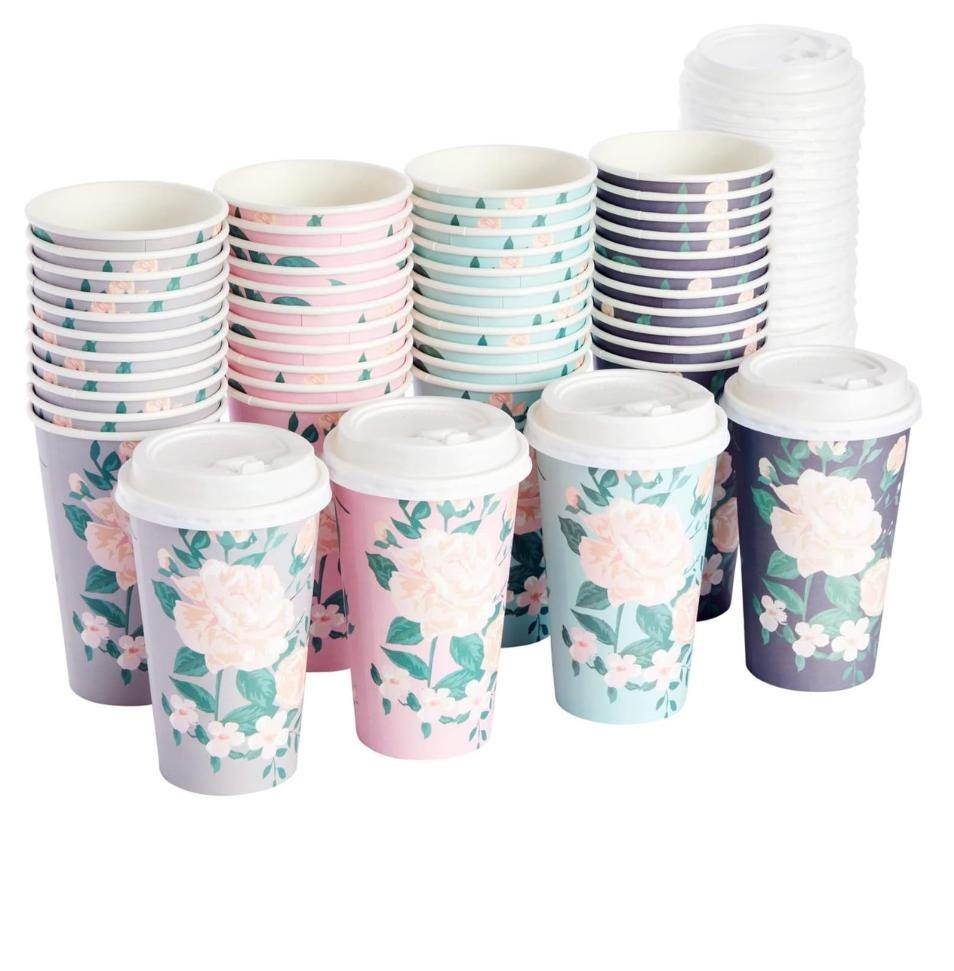 Floral Paper Insulated 16 Oz Disposable Coffee Cups W/lids for Bridal ...